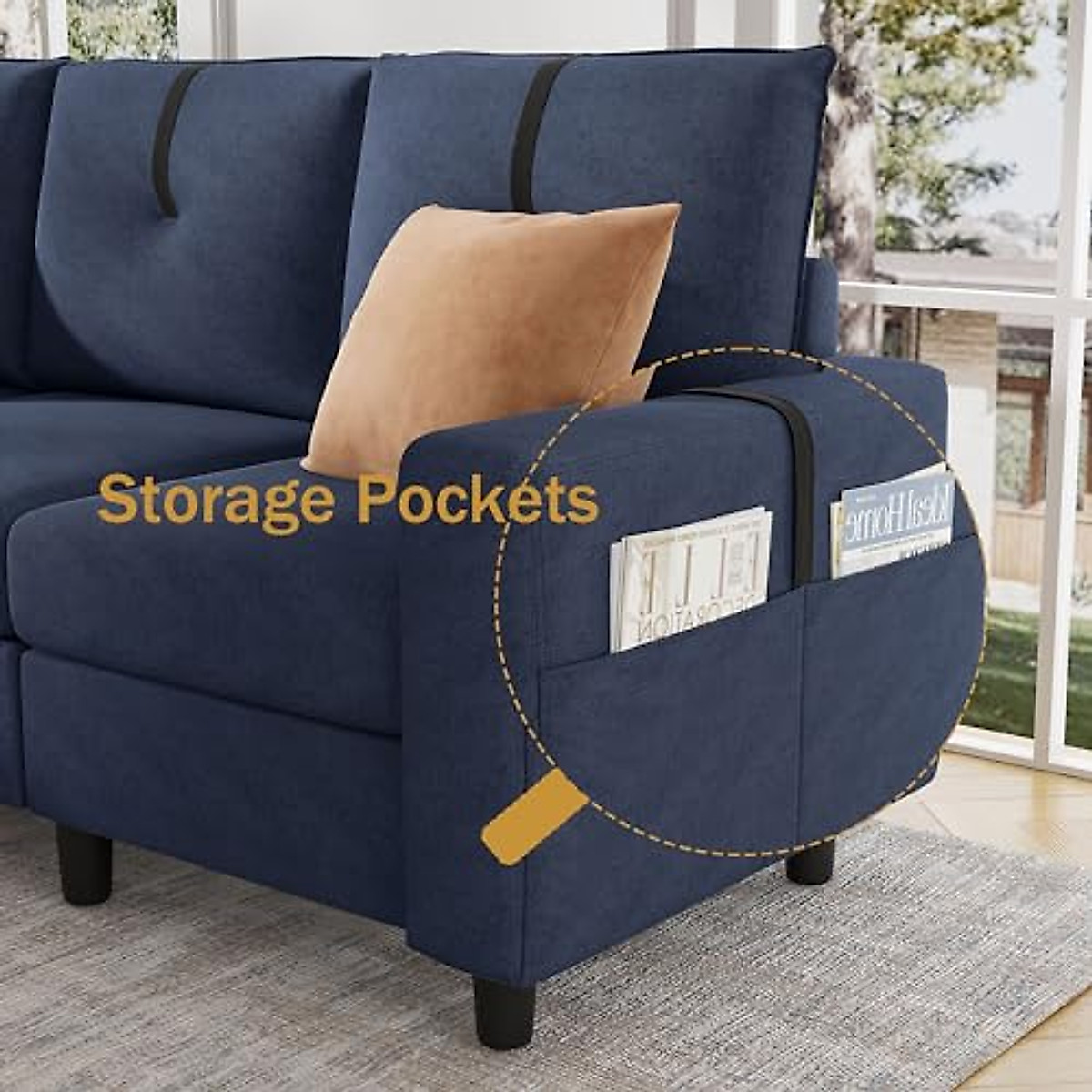 Tornama 80" L Shaped Sectional Sofas 3 Seater Couch with Reversible Ottoman Modern Linen Fabric Small Sectional Couch for Living Room, Apartment, Small Space, Blue