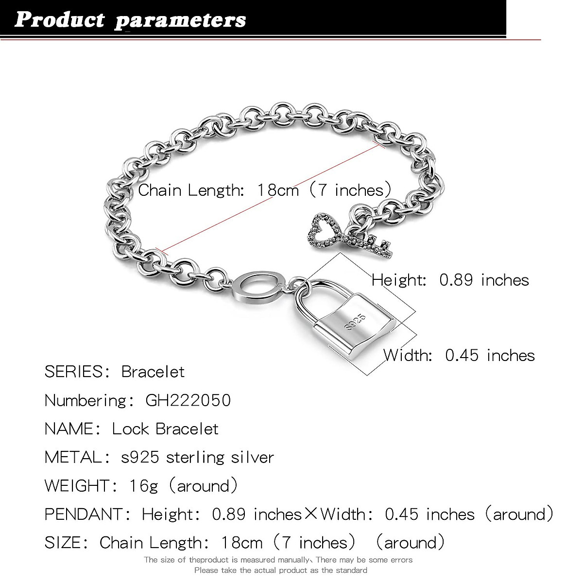 H&Beautimer 925 Sterling Silver Bracelet For Women's - Italian Handmade Rolo Chain 6.3, 6.7, 7.1, 7.5, 8 Inch - AAAAA CZ Zircon Heart/Lock Pendant Bracelet - Fine Jewelry (Lock Pendant, 6.3 inches)