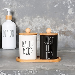 MOMEEMO Funny Qtip Holder and Cotton Ball Holder Set for Bathroom Organization. Apothecary Jars with Bamboo Tray are Great for Black and White Bathroom Decor, Rustic Bathroom Decor. (Ceramic&Tray)