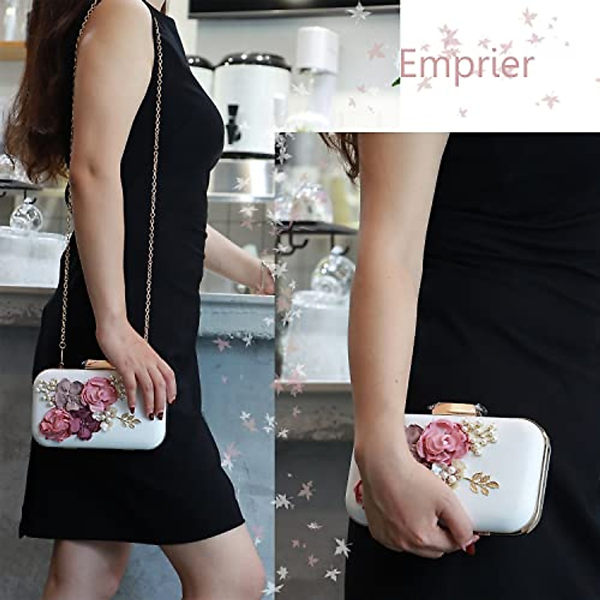 Emprier Flowers Clutch Evening Purse for Women Bride Floral Shouder Handbags Elegance Floral Beaded Wedding Tote Bags