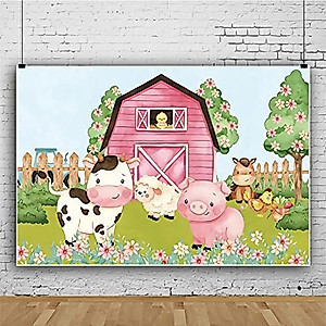 7x5ft Cartoon Farm Animals Party Backdrop Pink Barn Girl Baby Shower Birthday Photography Background Farmland Animals Cows Pigs Barnyard Backdrop Banner Cake Table Decoration Photo Booth Props