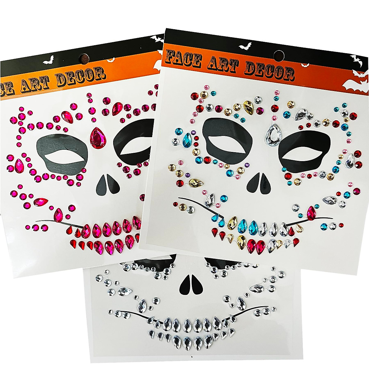 PADOUN Rhinestone Face Jewels, 3-Pack Day of the Died Face Gems Halloween Temporary Face Tattoo, Stick on Hollowing Prank Makeup Costume