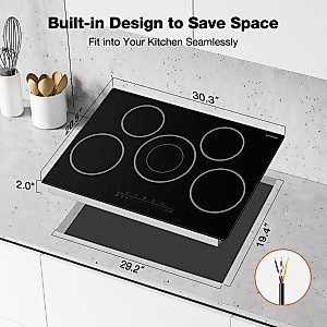 ThermoMate 30 Inch Electric Cooktop 5 Burners, 30" Built in Radiant Electric Stove Top, 8200W Ceramic Cooktop with Touch Control, 9 Heating Level, Chlid Lock & Timer, 220-240V Hard Wire ETL Listed