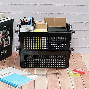 Jekiyo 4 Packs Plastic Basket with Handle, Black Stackable Baskets for Storage