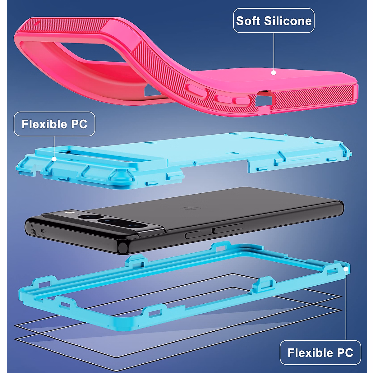 Annymall for Google Pixel 7 Pro Case with 2 Screen Protector,Full Body Shockproof Drop Protection Dustproof Heavy Duty Military Rugged Durable Cover for Google Pixel 7 Pro 6.7" (Pink/Blue)