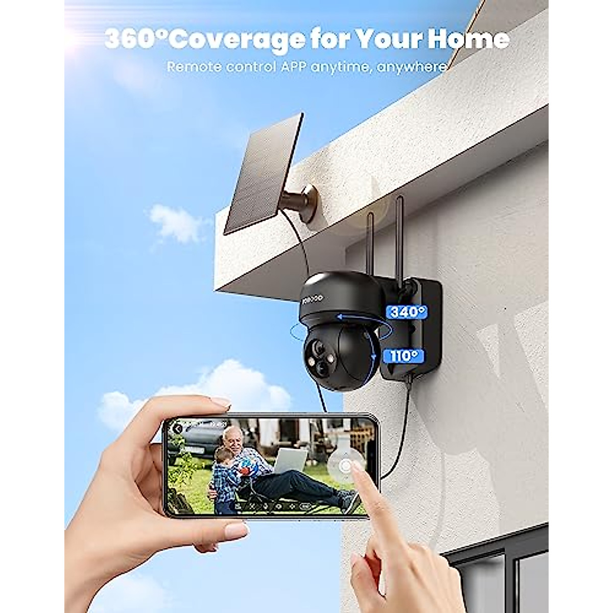 FOAOOD 2K Security Camera Wireless Outdoor, Sloar Camera for Home Security Outside, APP Controls 360° Full Coverage, Color Night Vision, Human Detection, IP65 Waterproof, 2.4G WiFi Connection