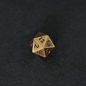 KakapopoTCG Extra Large Solid Metal Gold D20 Dice 20 face with Black Numbers Extra Heavy DND Standard Dice DnD5e TTRPG Tabletop RPG Golden Dice