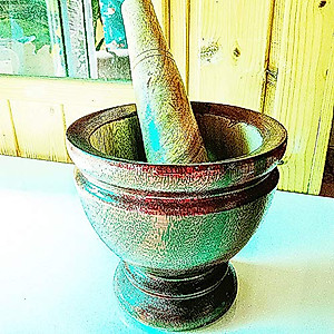 PunPund Wooden Mortar 9 Inches from Thailand Pestle Grinding Herb Garlic Papaya Salad Som Tum Thai Food Kitchen Tool 1 Set