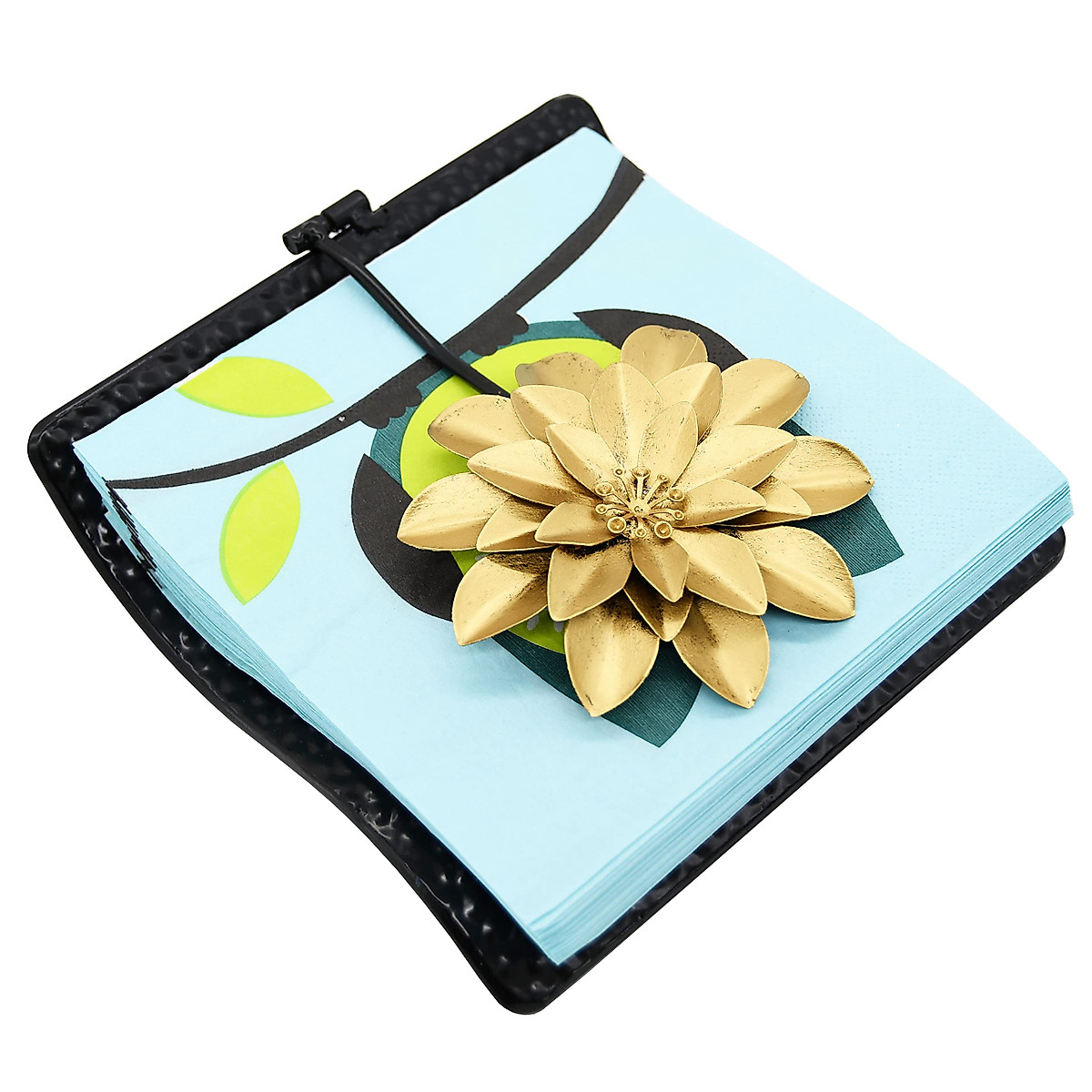OwlGift Black Flat Napkin Holder w/Golden Flower Weighted Arm, Metal Cocktail Napkin Dispenser, Kitchen Counter Paper Towel Storage, Dining Table Organizer