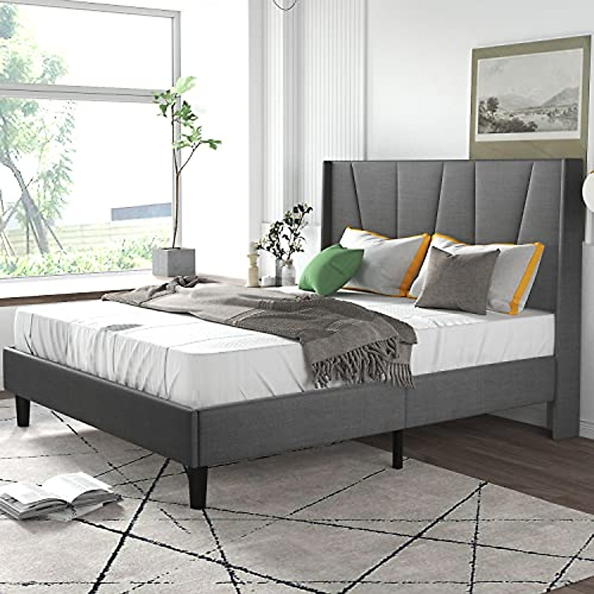 Allewie Full Size Bed Frame/Upholstered Platform Bed with Geometric Wingback Headboard/Mattress Foundation/Wood Slat Support/No Box Spring Needed/Easy Assembly, Dark Grey