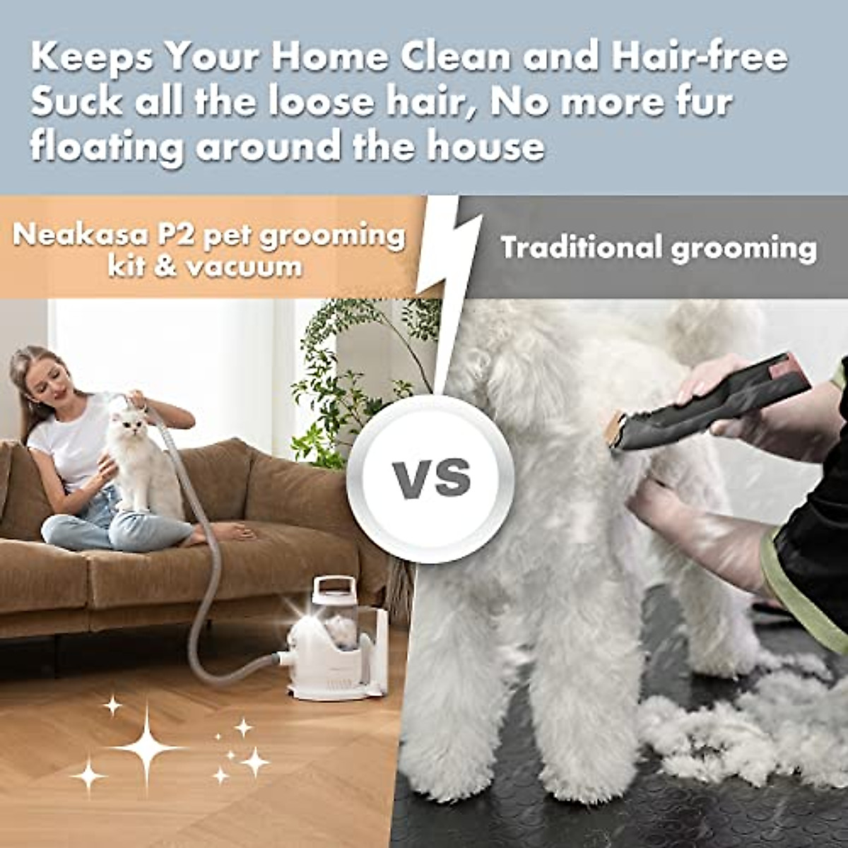 Neakasa by neabot P2 Pro Dog Grooming Kit, Clippers Vacuum Suction 99% Hair, Pet with 5 Proven Tools, 2L Large-Capacity Easy Empty Dustbin for Dogs Cats Animals (Grey-White)