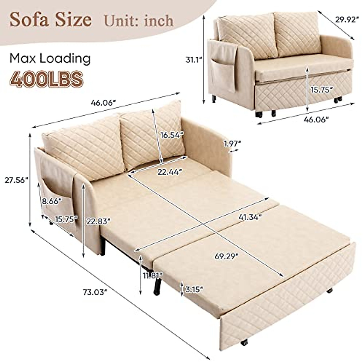 Antetek Sleeper Sofa Bed, 46-inch Faux Leather Loveseat Sleeper Sofa Couch with Pull-Out Bed, Small Love seat Sofa Single Bed with a Detachable Side Pocket for Living Room, Office, Camel