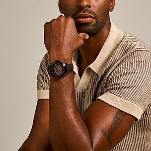 Fossil Men's Townsman Automatic Stainless Steel and Leather Three-Hand Skeleton Watch, Color: Black, Cognac (Model: ME3098)