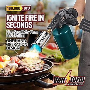 Cooking Torch Propane Torch, Culinary Torch with High Output 100,000 BTU, Grill Gun, Sous Vide Torch, Grilling Torch, Charcoal Starter, Kitchen Torch for Searing Steaks, Meat, Roasting Peppers, BBQ