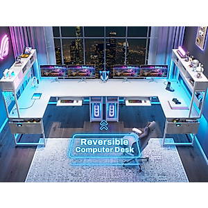 SEDETA White L Shaped Gaming Desk, Reversible Corner Desk with Power Outlet and Pegboard, L Shaped Desk with Hutch, Storage Shelf, Keyboard Tray, and LED Lights for Home Office, White