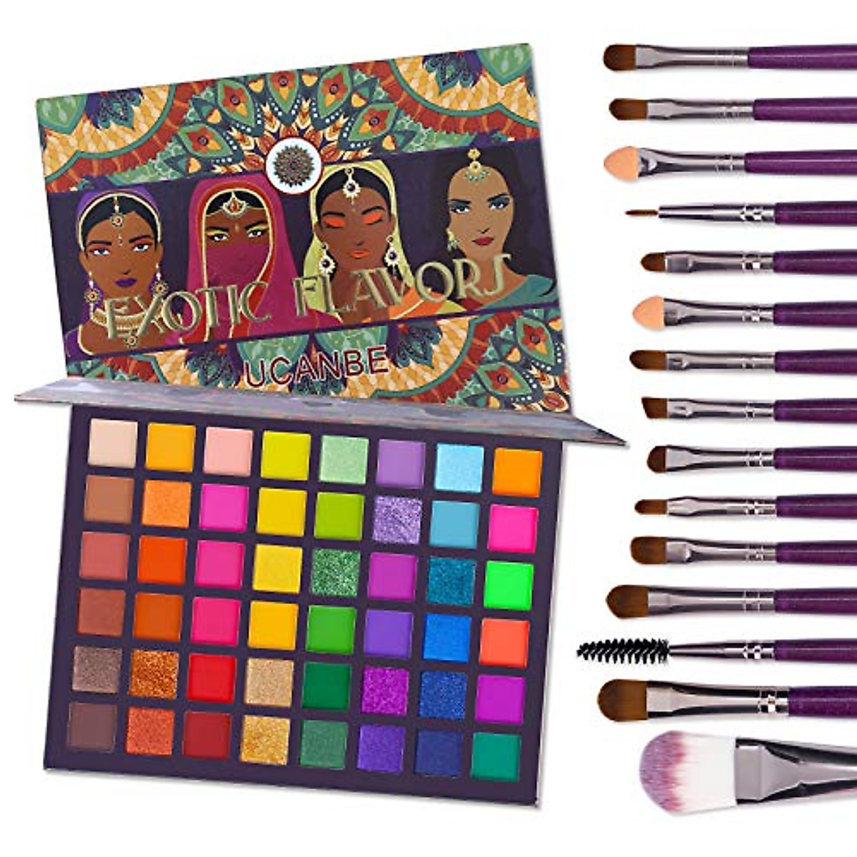 EXOTIC FLAVORS Eyeshadow Palette + 15 PCS Eye Brushes Makeup Set 48 Colors Neon Shimmer Matte Glitter Eye Shadow Powder Highly Pigmented Gift Set Make Up Pallet (EXOTIC FLAVORS Eyeshadow Palette + 15 PCS Brushes)