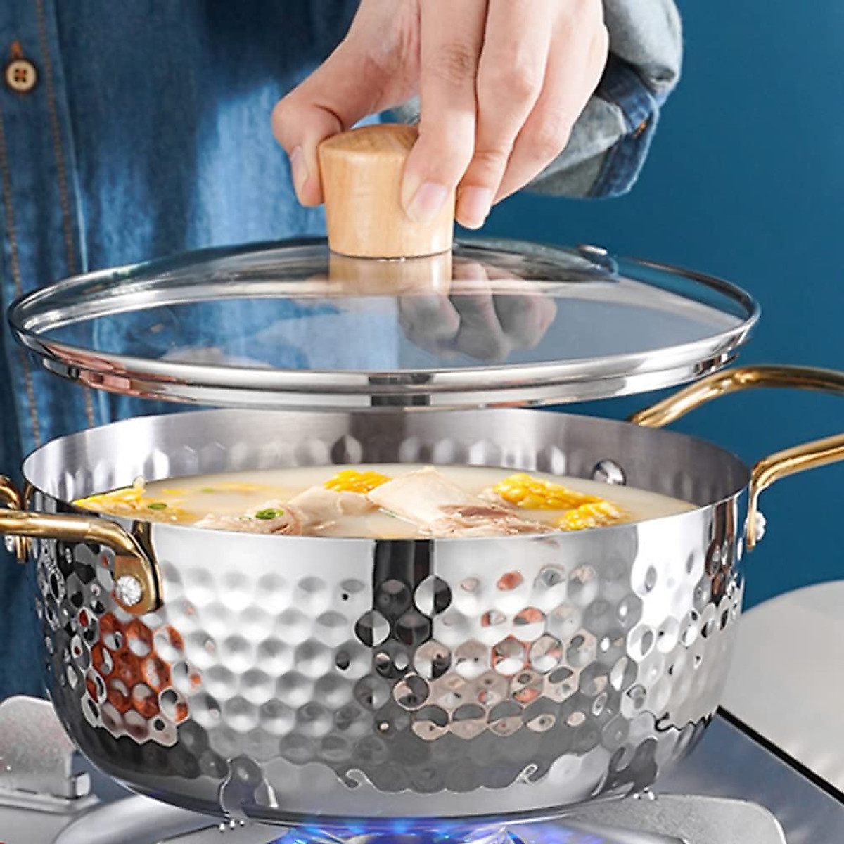 Vaguelly Small Stainless Double Handle Pot Big Pot Ramen Pot Korean Copper Pot Korea Ramen Pot Pan with Lid Korean Ramen Noodle Pot Korean Pot for Ramen Instant Noodle Pot Steel Shin Ramen