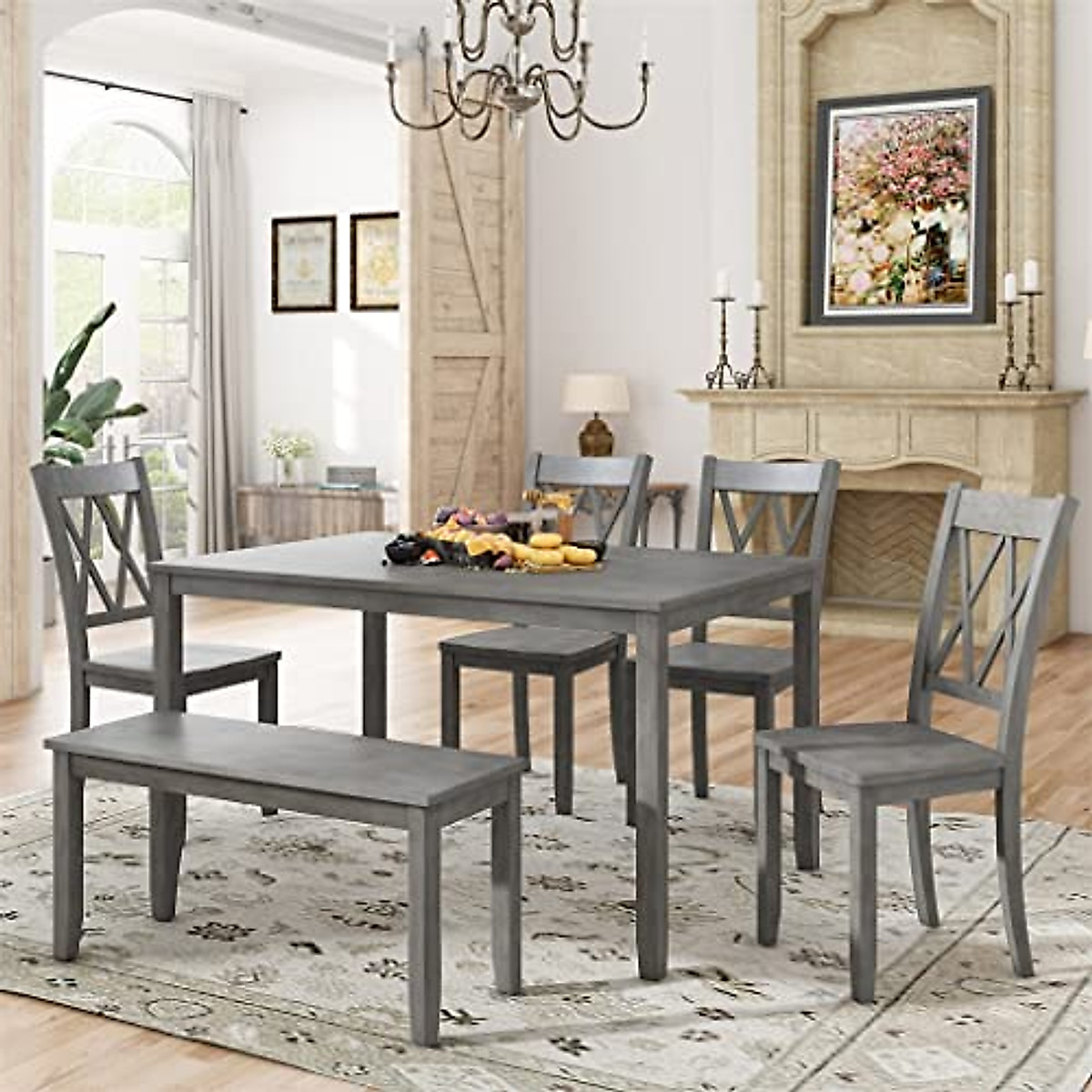 6 Piece Wooden Kitchen Dining Table Set Farmhouse Rustic Dining Table Set with Cross Back 4 Chairs and 1 Bench