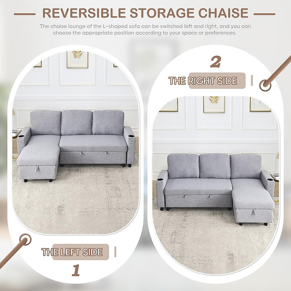 Antetek Reversible Sectional Sofa Couch with Pull-Out Bed, Modern Linen L-Shaped Sleeper Sofa Bed with Storage Chaise/Cup Holder/Side Pocket, Furniture Set for Living Room, Small Space, Light Grey
