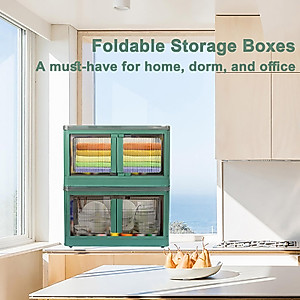 NOCCUR 3 Pack Stackable Storage Bins with Lids - 23Gal Green Plastic Storage Bins - Folding Storage Box - Foldable Plastic Storage Container with Lids and Doors - for Book Storage,Study Room