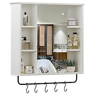 ChooChoo Medicine Cabinet with Mirror, Wall Mounted Bathroom Storage Cabinet with Mirror Door, Removable Shelves and 6 Open Shelves, Vintage White