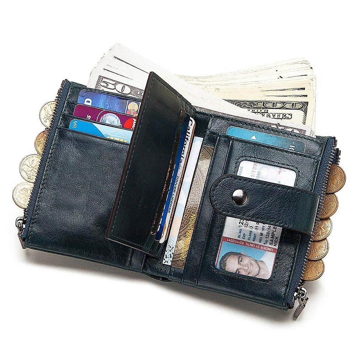 HARPIMER Womens Purse Leather Wallet RFID Blocking Ladies Purses with with Coin Pocket 16 Card Holder (Blue)