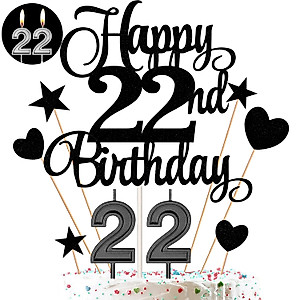 22nd Birthday Cake Decorations Set Include 22nd Birthday Candles Numeral 22 Cake Candles and Happy 22nd Birthday Cake Toppers with Heart Star Cupcake Picks for Birthday Party (Black Series)