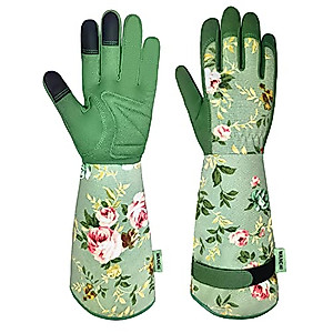 WANCHI Gardening Gloves, Durable and Comfortable Women's Long Garden Gloves for Gardening Work and Yard Work, Leather Gardening Gloves for Women, Green Print (Medium)