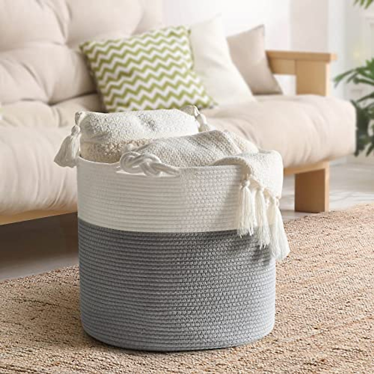 Goodpick Cotton Rope Basket with Handle for Baby Laundry Basket Toy Storage Blanket Storage Nursery Basket Soft Storage Bins-Woven Basket, 15'' × 15'' × 14.2''