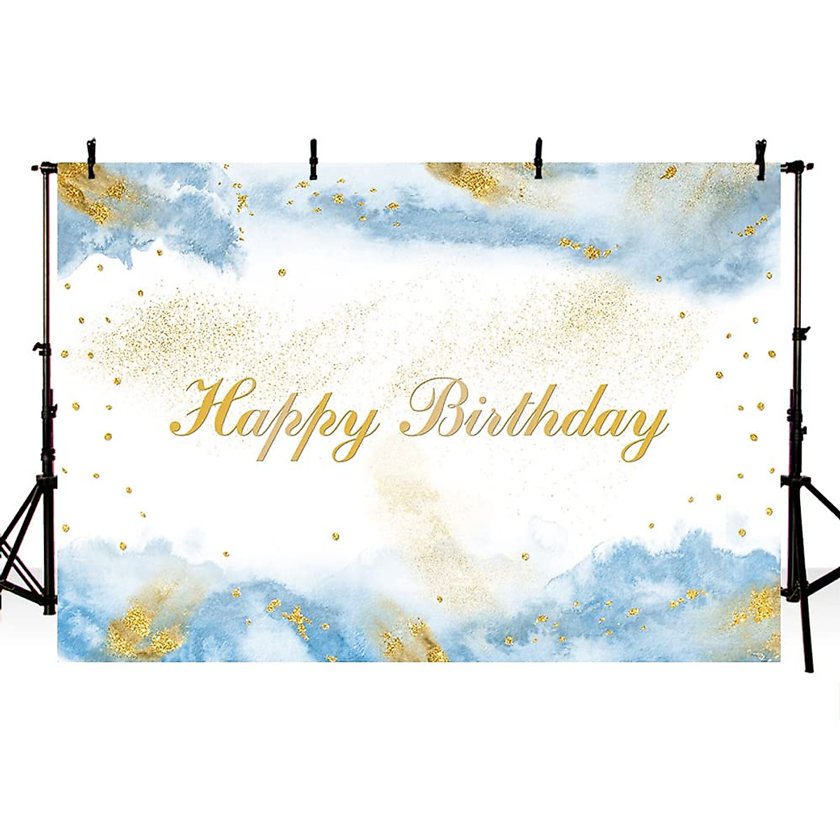 MEHOFOND 7x5ft Happy Birthday Backdrop Boys 1st Birthday Party Decorations Light Blue Watercolor Clouds Photography Background Gold Glitter Pastel Rainbow Bday Banner Cake Smash Table Supplies