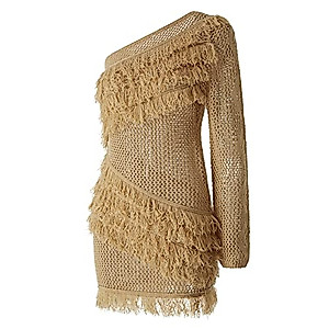 Fladdswed Women Summer Slim Fit Dress Fringe Embellished One Shoulder Long Sleeve Design Tassel Cutout See Through Dress (Camel-One Shoulder, M)