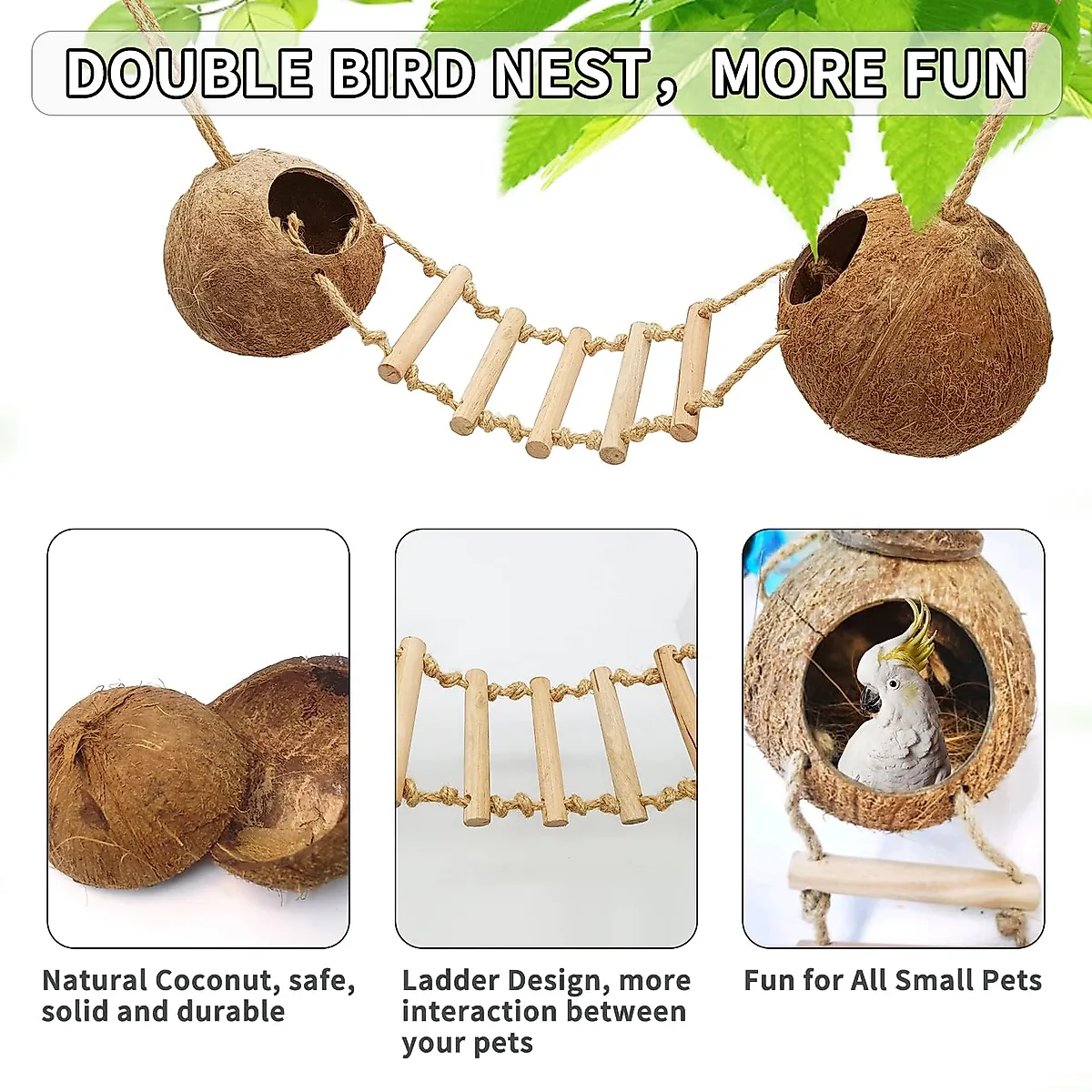 Tfwadmx Natural Coconut Hide with Ladder Perches Hanging Bird House Toy for Cage Parrot Breeding Nest for Gecko Parakeet Lovebird Finch Hamster