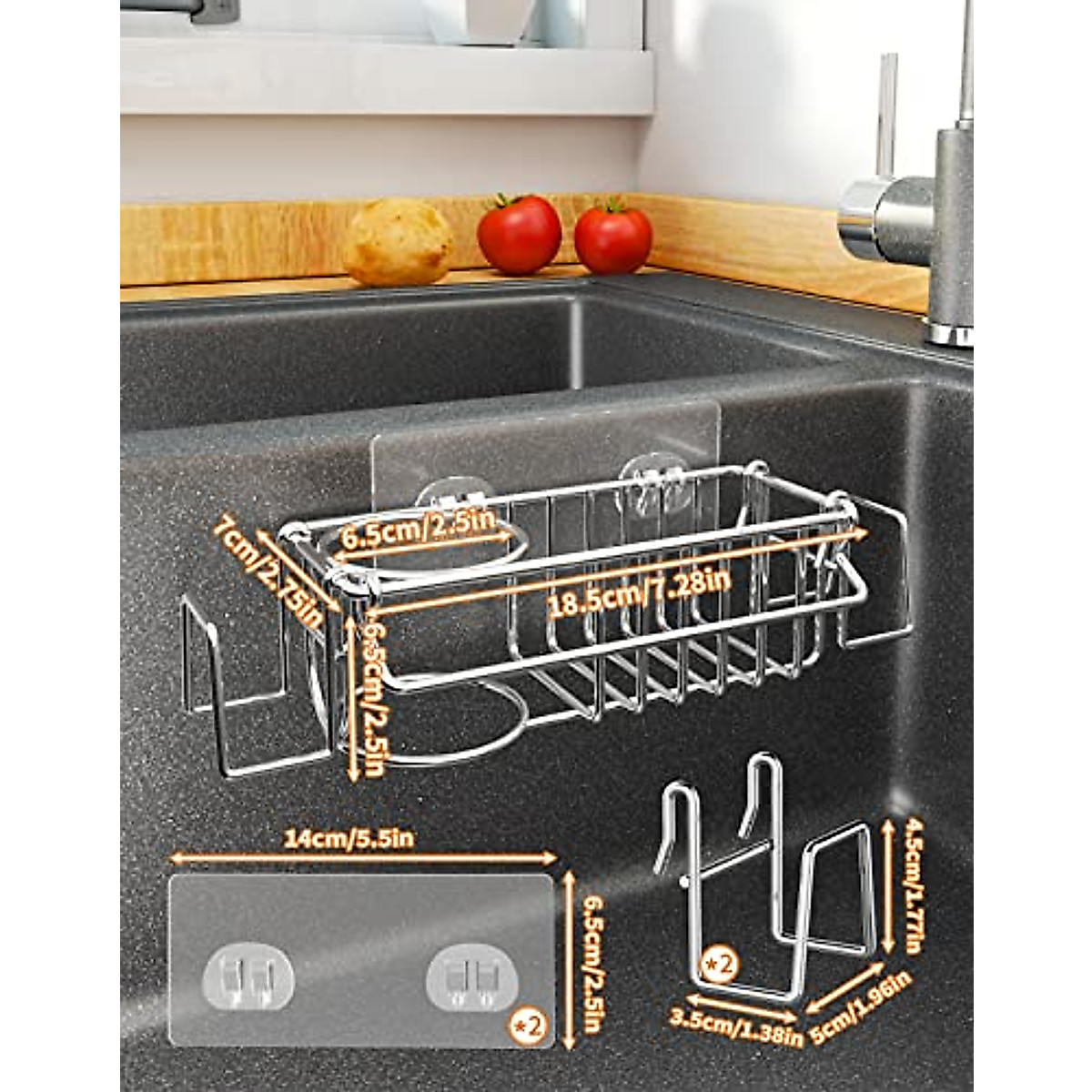 SWTYMIKI 5 in 1 Sponge Holder for Kitchen Sink, Stainless Steel Sink Caddy with Dishcloth Holder for Brush & Sponge in Sink Sponge Caddy with 2 Strong Adhesives in Silver