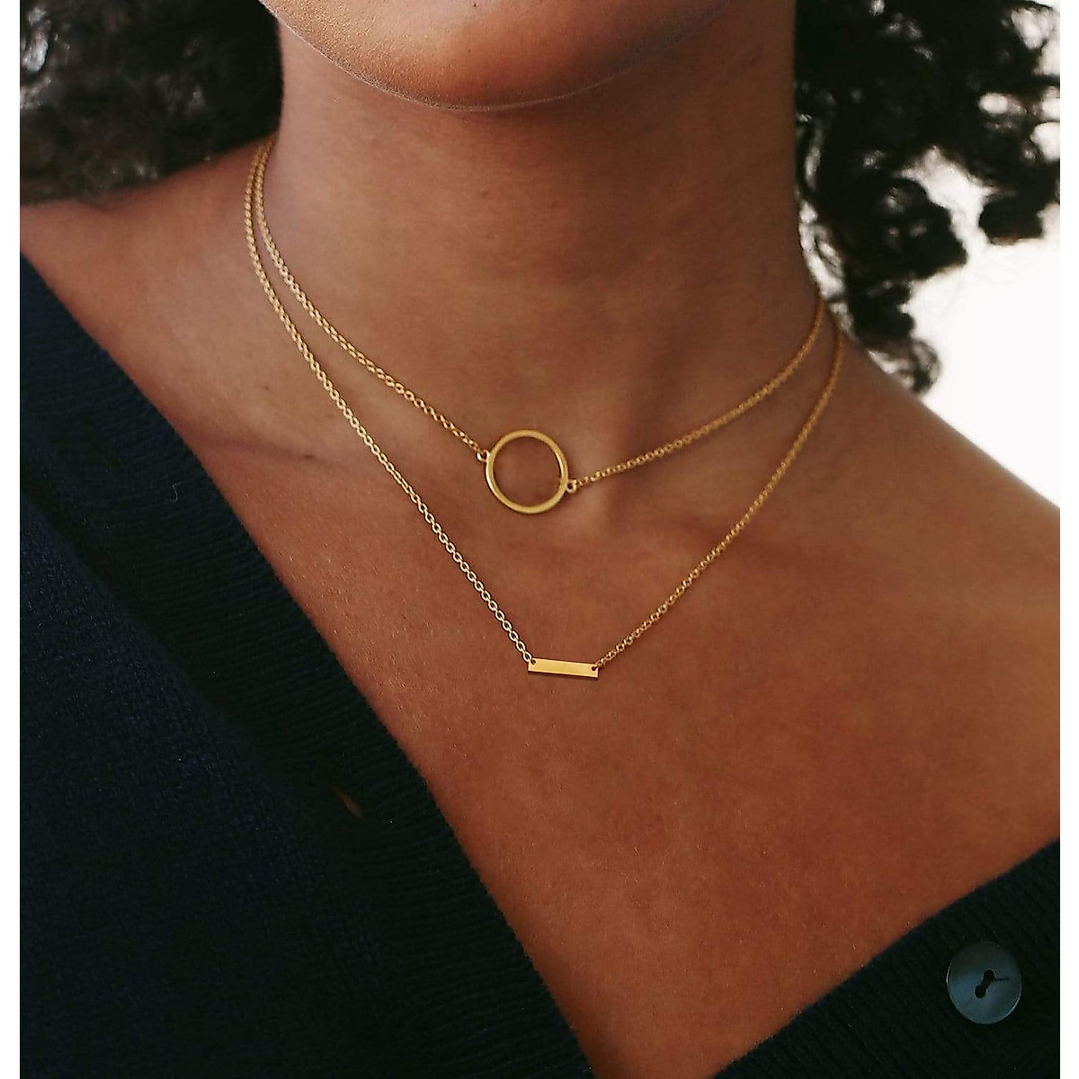 Aghfacy 14k Gold Plated Bar Necklace for Women | Dainty Choker with Tiny Bar Pendant | Adjustable Layered Necklace