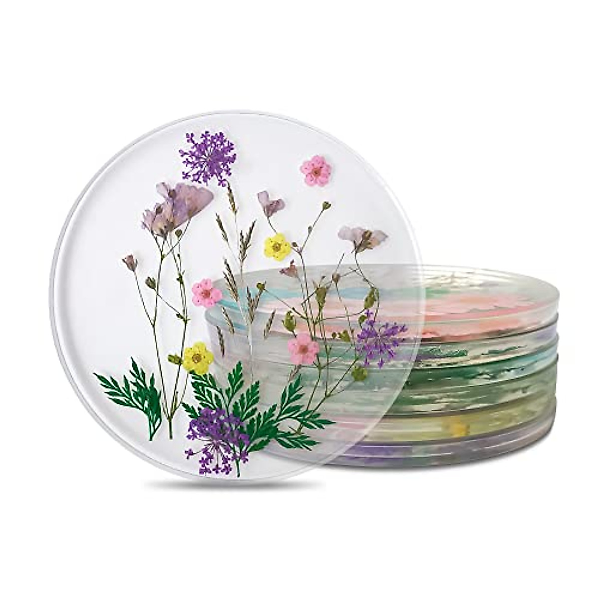 Drink Coasters Flower Cup Mat-Epoxy Resin Coasters with Colorful Natural Floral Reusable Round Kitchen Utensils for Dining Cups (Set of 4) (4, BD0001)