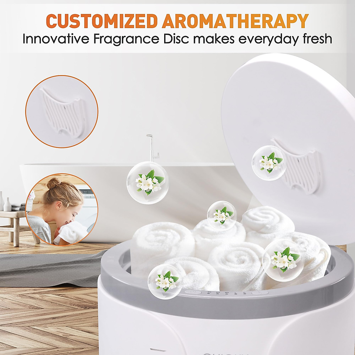 CHIOKY Towels Warmer for Bathroom, Hot Tub Large Towel Warmer Bucket with Timer and Fragrance Disc, Fits Up to Two 40"X70" Oversized Towels, Blanket, Clothes and Robe for Single or Double, White