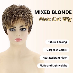 SEVENCOLORS Short Dark Brown Mixed Blonde Pixie Cut Wigs for Women Synthetic Layered Highlight Wigs with Bangs Natural Hair Replacement Wigs