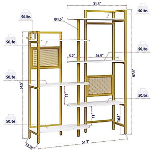 Anivia 6 Tier Asymmetrical Open Storage Shelves Ajustable Wood Bookcase Open Shelf Corner Bookshelf with Metal Frame Storage Organizer for Home Office,White and Gold
