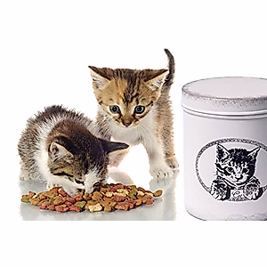The PetSteel Antique White Treat Jar. Sturdy Treat or Food Storage Canister with Cute Cat Design.Tight Fitting Lids. Pet Food Container Fit's Up To 2lbs of Treats
