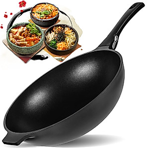 dokaworld Aluminum Nonstick Wok 12 in - Woks and stir fry pans - Non-stick Wok - Wok Pan Detachable Handle - Large Cooking Wok Frying Pan - Flat Bottom Wok - Induction Wok - Stir Fry Wok