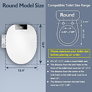 WLJBIDET Bidet Toilet Seat Round, Electronic Heated Toilet Seat with Warm Water Rear and Front Wash, Adjustable Warm Air Dryer, Self-Cleaning Stainless Steel Nozzle, Slow Closed Toilet Seat