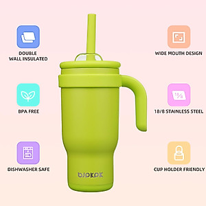 BJPKPK 18 OZ Insulated Travel Tumbler with Handle and Straw, Stainless Steel Water Bottle, Double Wall Vacuum Insulated Mug, for Work, Car, Travel, Bright Green