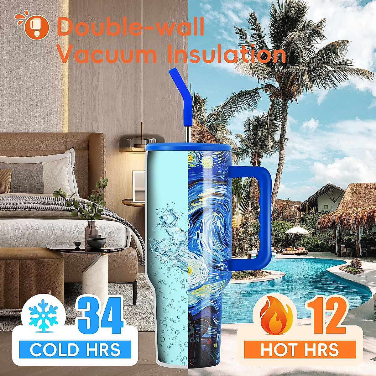 VUSIGN 40 oz Tumbler with Handle and Straw Lid, Stainless Steel Vacuum Insulated Tumbler Travel Mug Water Bottle Cup for Water Iced Tea Coffee Smoothie Car, Starry Night