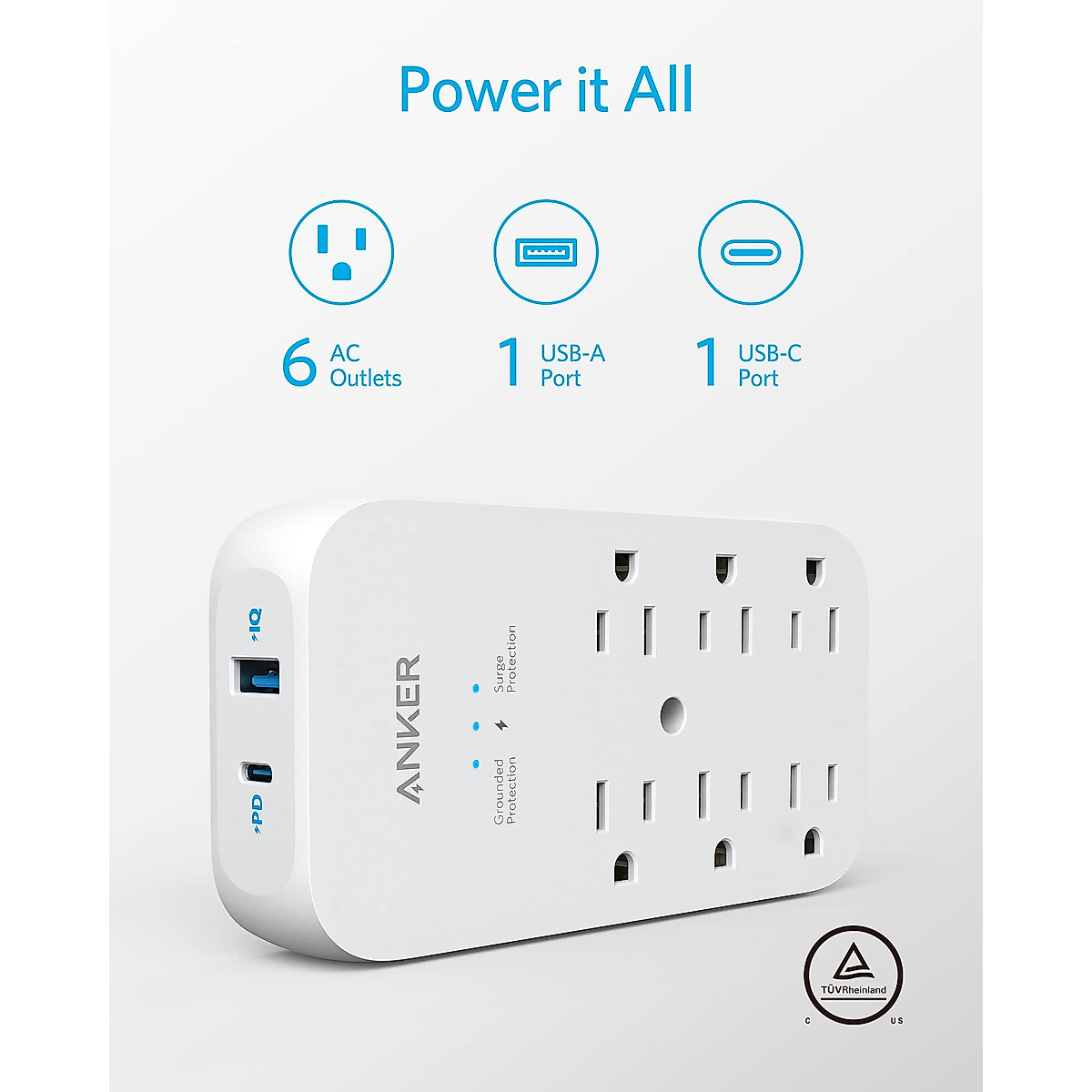 Anker Outlet Extender and USB Wall Charger, 6 Outlets and 2 USB Ports, 20W USB C Power Delivery High-Speed Charging iPhone 15/15 Plus/15 Pro/15 Pro Max, Multi-Plug for Dorm, Home, and Office, White