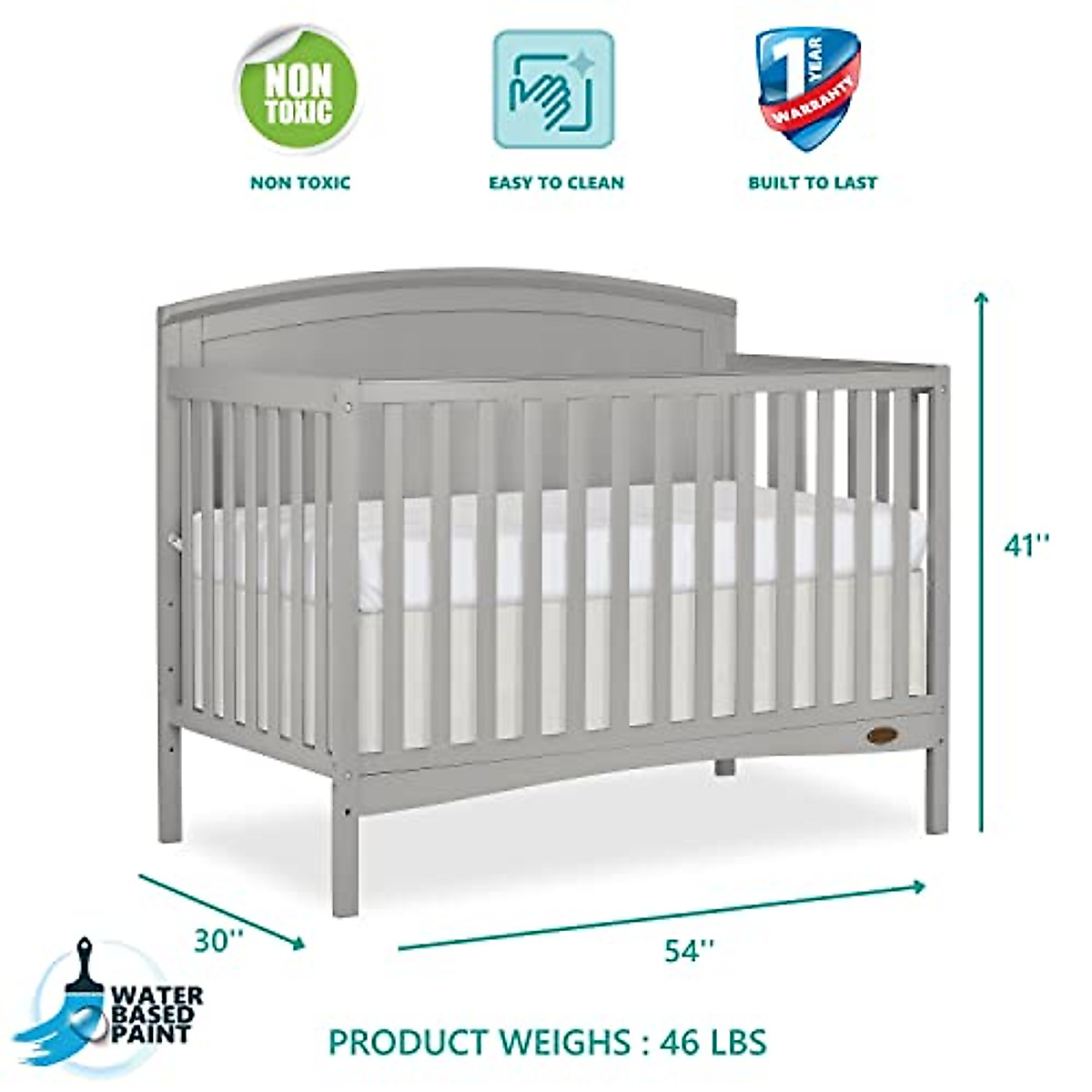 Dream On Me Eden 5-in-1 Convertible Full Panel Crib in Pebble Grey, JPMA Certified, Non-Toxic Finishes, Features 3 Mattress Height Settings, Constructed of Solid Pinewood
