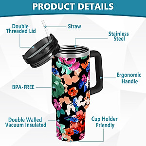 Yasala Car Tumbler with Handle Watercolor Rainbow Color Flower Travel Mug Coffee Cup Insulated Beverage Container Mega Cup for Hot Cold Drinking Thermos Water Bottle Cupholder Friendly 40 oz