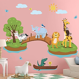 Removable 3D Giant Jungle Animals Lion Elephant Bird Fox on The Bridge Wall Decals Tree Wall Sticker Art Decor for Kids Boys Baby Children Bedroom Living Room Bathroom Classroom Playroom Nursery