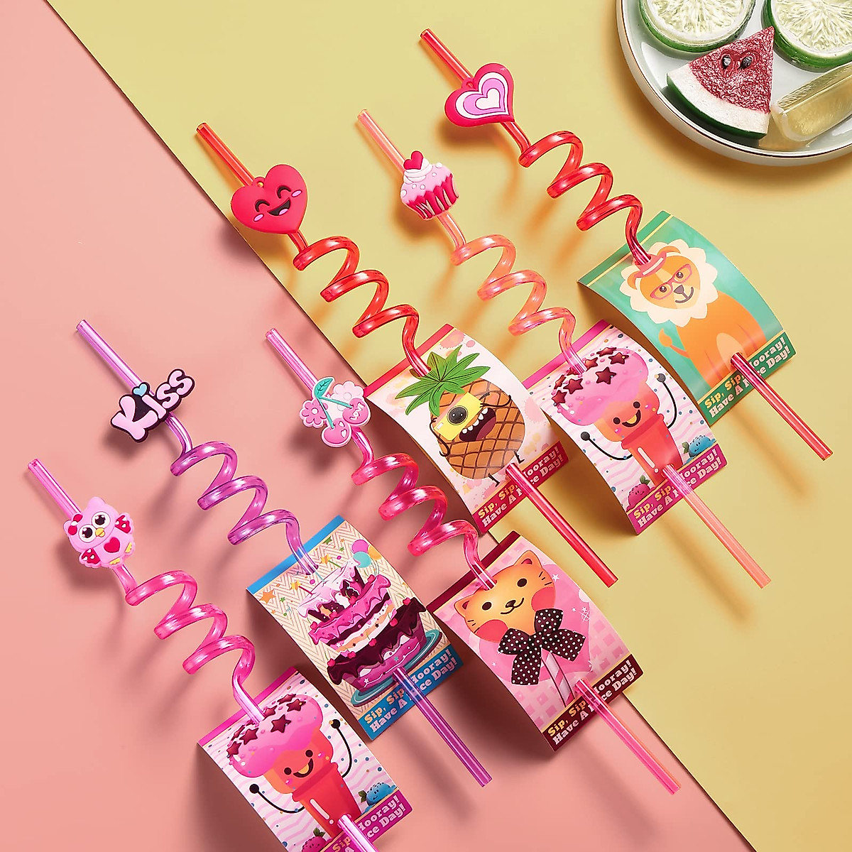 Valentines Day Party Favors Bulk 24 Drinking Straws + 30 Cards for Kids Valentine's Classroom Exchange Prizes Party Supplies with 2 PCS Cleaning Brushes