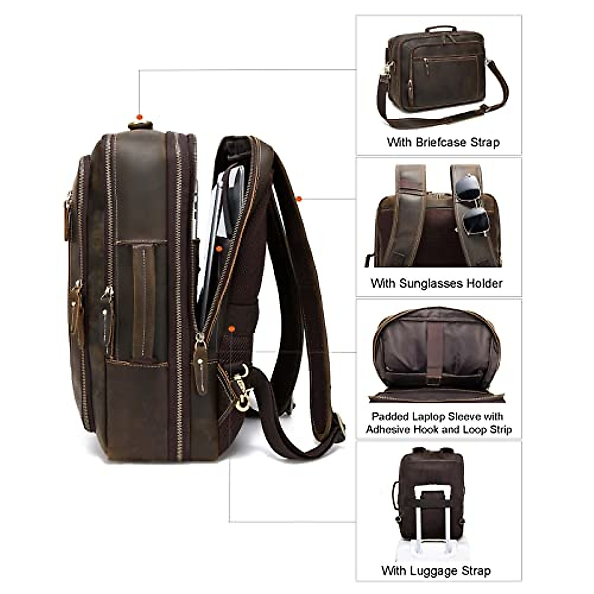 Taertii 2 in 1 Vintage Expandable Leather Backpack For Men, Large Shoulder Crossbody Briefcase Work Travel Hiking Rucksack fits 16" Laptop