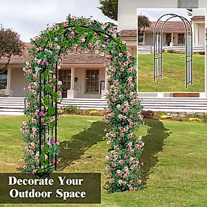 LDAILY Moccha Garden Arch Arbor Trellis, 7.2Ft Outdoor Steel Arbor with Stakes, Metal Archway for Climbing Plants, Wide Sturdy Durable Garden Arch for Lawn, Party, Ceremony Wedding Decoration, Black